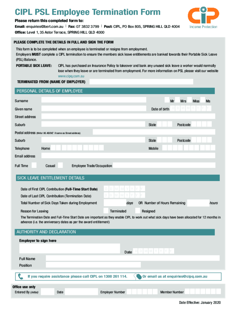 Fillable Online CIPL PSL Employee Termination Form - cipq.com.au Fax ...