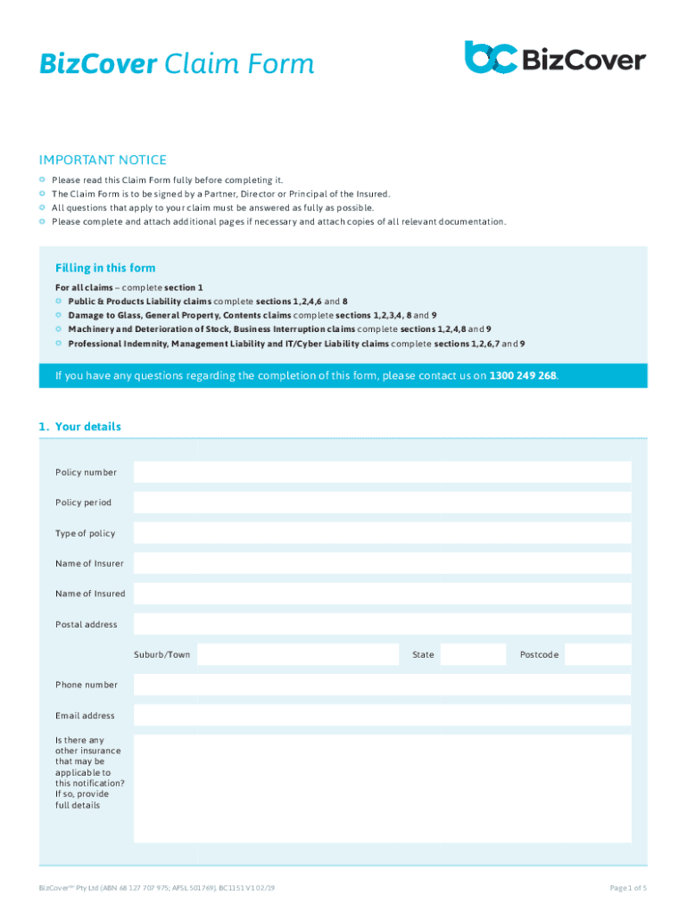 Fillable Online BizCover Claim Form Fax Email Print - pdfFiller