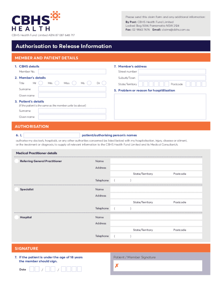 Fillable Online Authorisation to Release Information - CBHS Health Fund ...