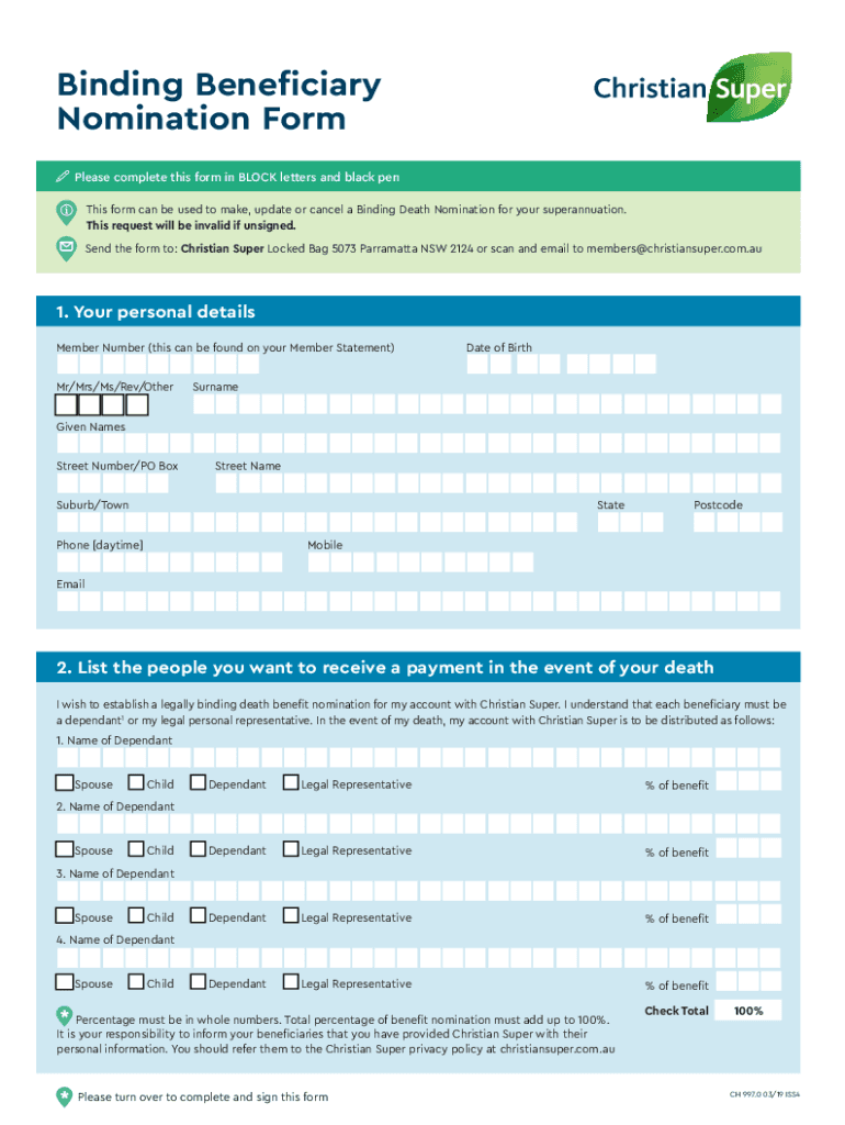 Fillable Online Binding Beneficiary Nomination Form - Christian Super ...