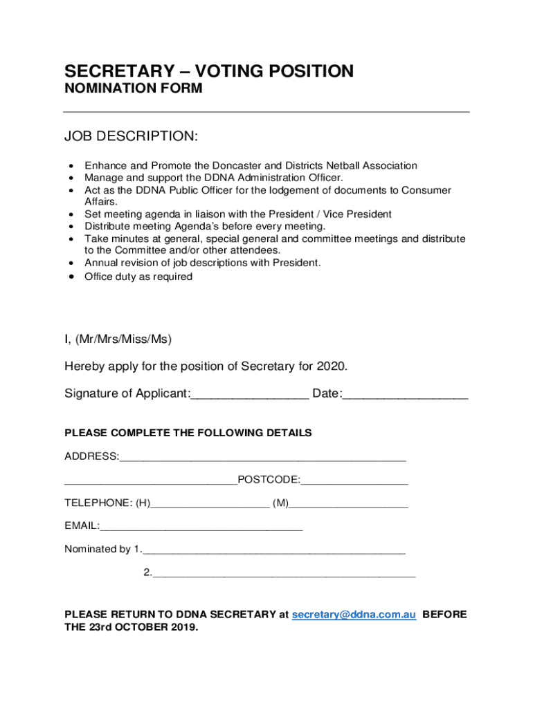 Fillable Online SECRETARY VOTING POSITION - ddna.com.au Fax Email Print ...