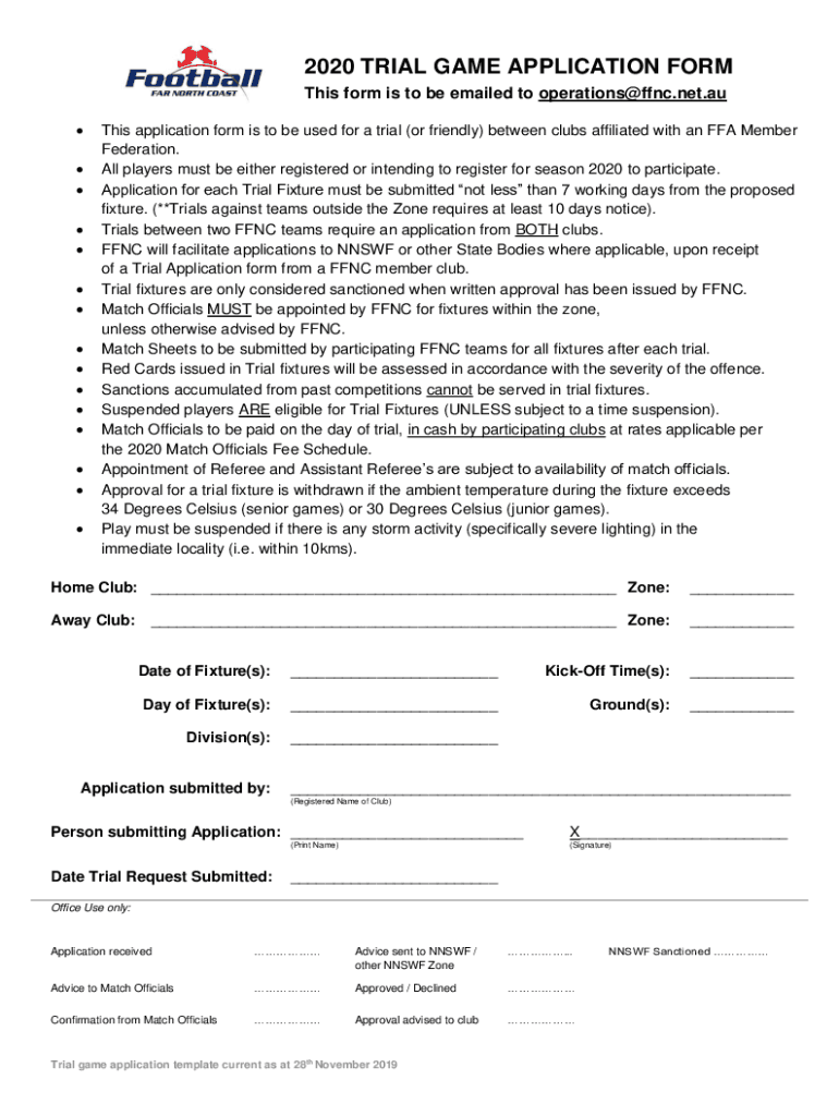 Fillable Online 2019 TRIAL GAME APPLICATION FORM - Football Far North ...