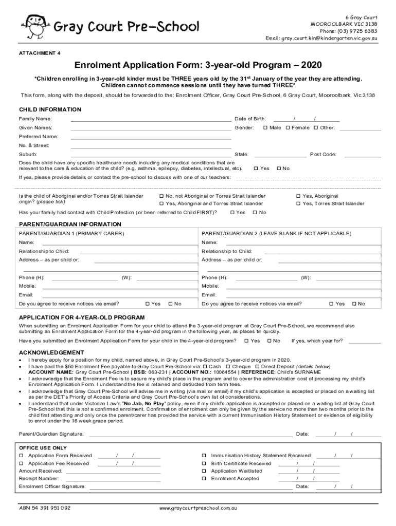 Fillable Online ATTACHMENT 4 Enrolment Application Form: 3-year-old ...