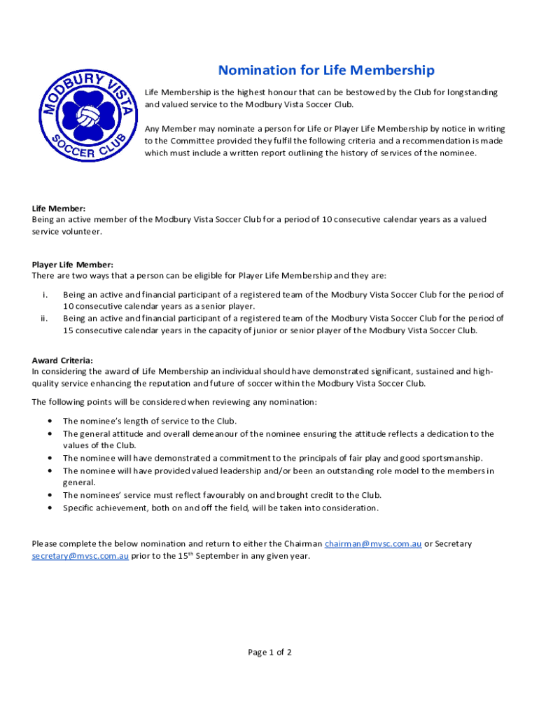 Fillable Online MVSC Life Member Nomination Form Fax Email Print - pdfFiller
