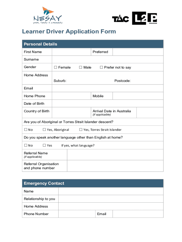 Fillable Online Learner Driver Application Form - nesay.com.au Fax ...