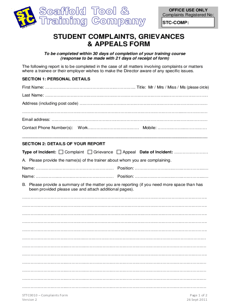 Fillable Online STUDENT COMPLAINTS, GRIEVANCES & APPEALS FORM Fax Email Print - pdfFiller
