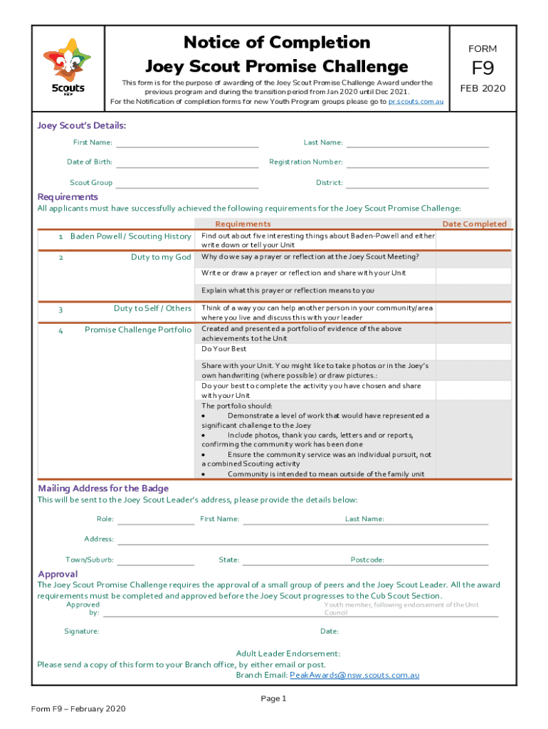 Fillable Online Joey Scout Challenge Award Notification FormScouts ...