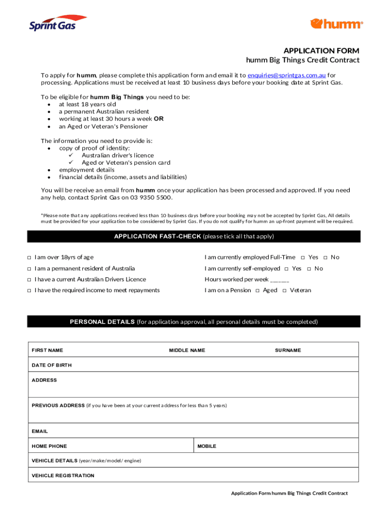 Fillable Online FORM humm Application Form - Sprint GasFORM humm ...