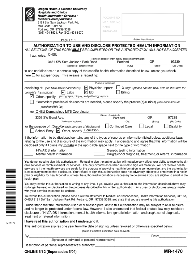 Fillable Online AuthorizAtion to use And disclose protected heAlth ... - OHSU Fax Email Print ...