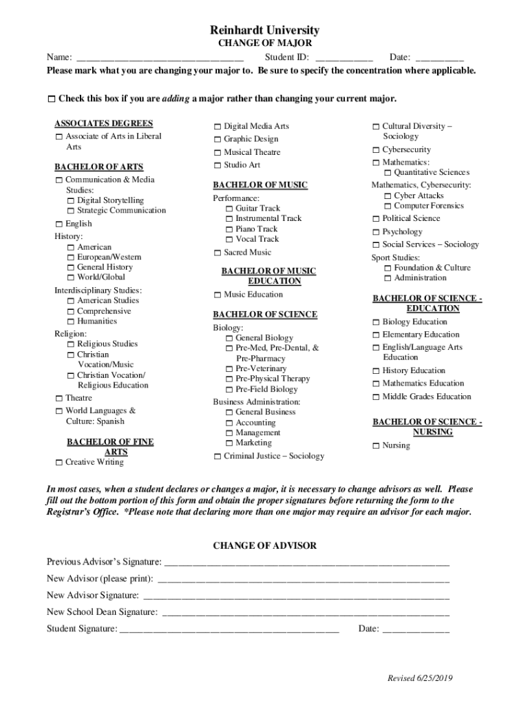 Fillable Online CHANGE OF MAJOR Please mark what you are changing your ...