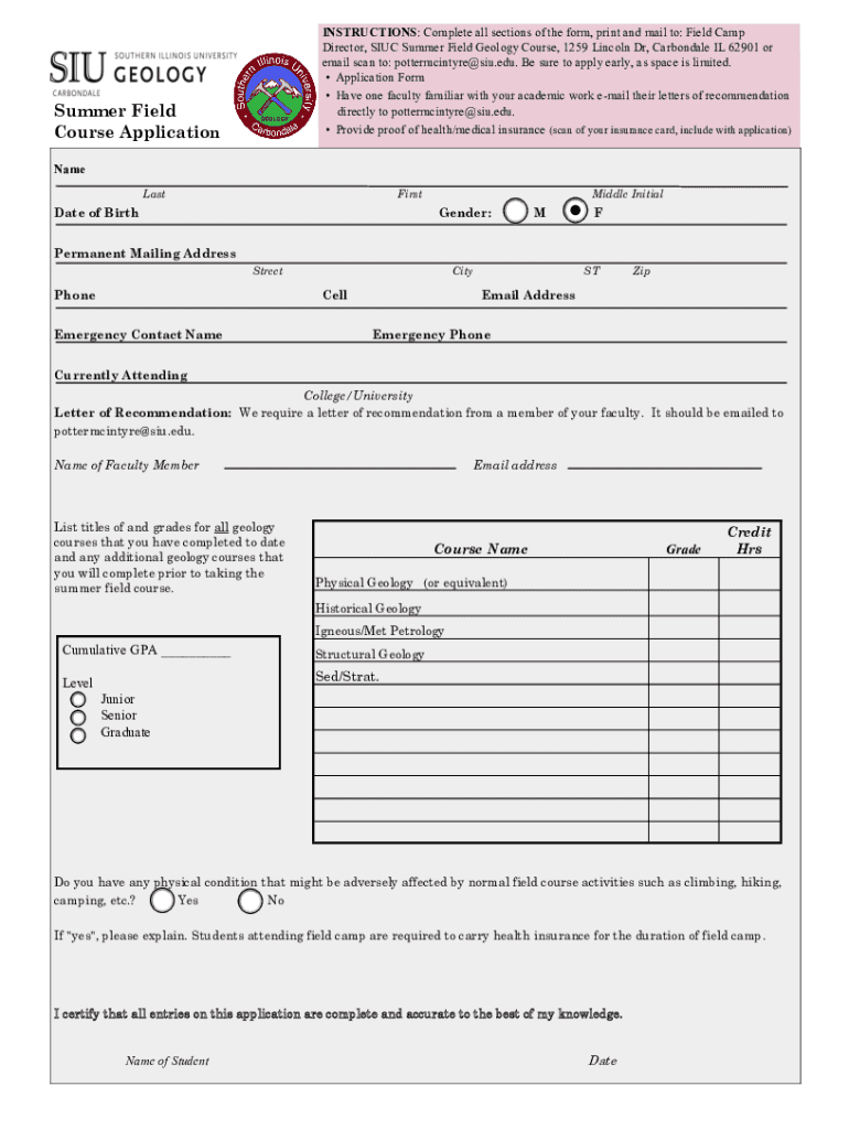 Fillable Online geology siu Summer Field Course Application (scan of ...
