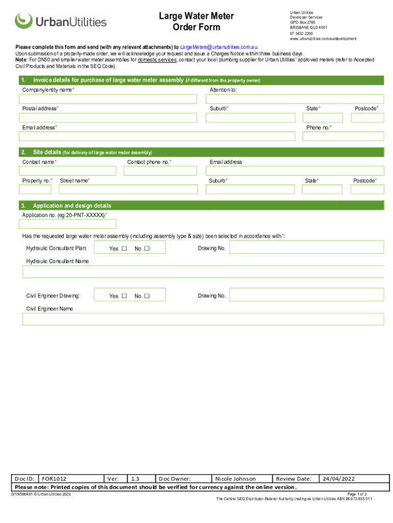 Fillable Online Large Water Meter Order Form. Developer Services Large ...
