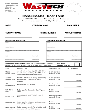 Fillable Online Consumables Order Form - Wastech Engineering Fax Email ...