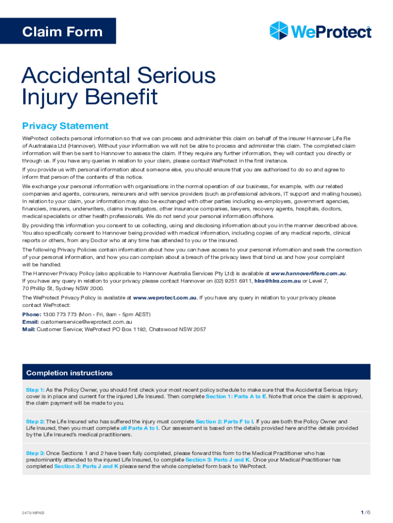 Fillable Online Accidental Serious Injury Claim Form - Australian ...