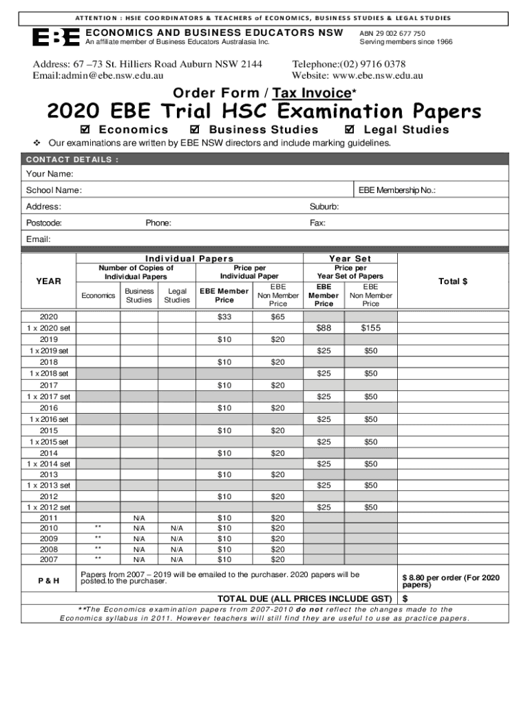 Fillable Online Order Form / Tax Invoice 2020 EBE Trial HSC ... - ebe ...