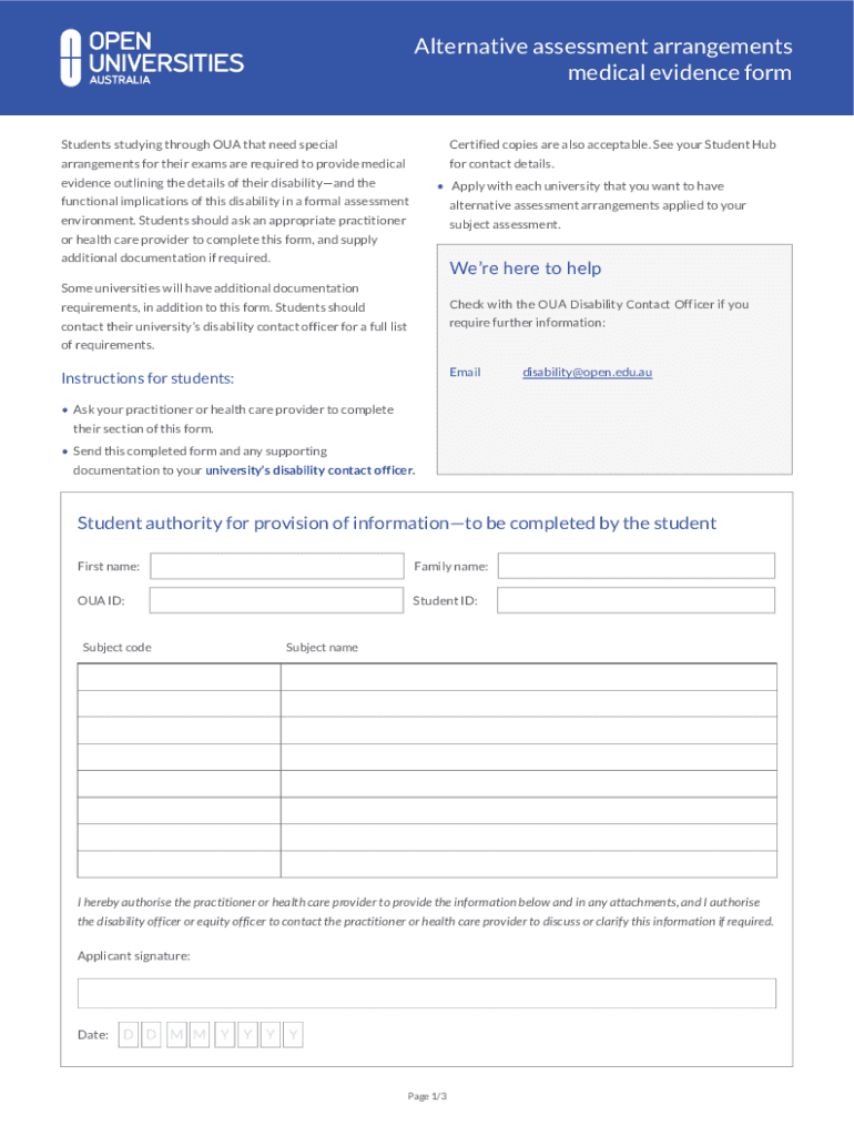 Fillable Online Alternative assessment arrangements medical evidence ...