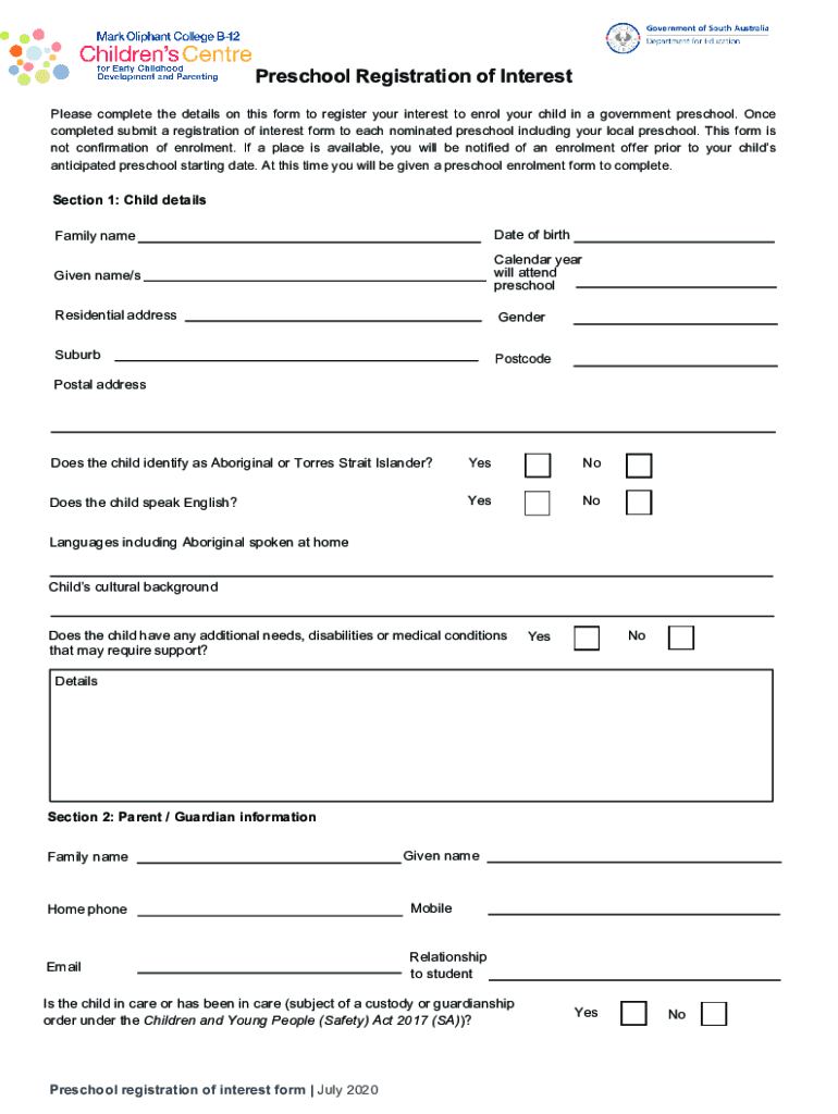 Fillable Online moc sa edu Preschool registration of interest form. A ...