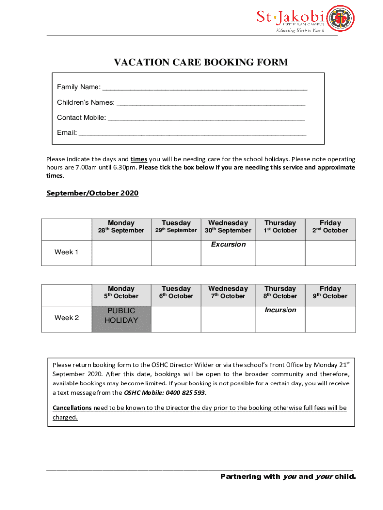 Fillable Online Get the VACATION CARE AND PUPIL FREE DAY BOOKING FORM ...