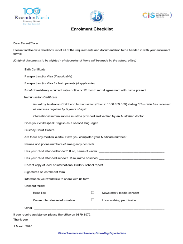 Fillable Online Enrolment Checklist - Essendon North Primary School Fax ...