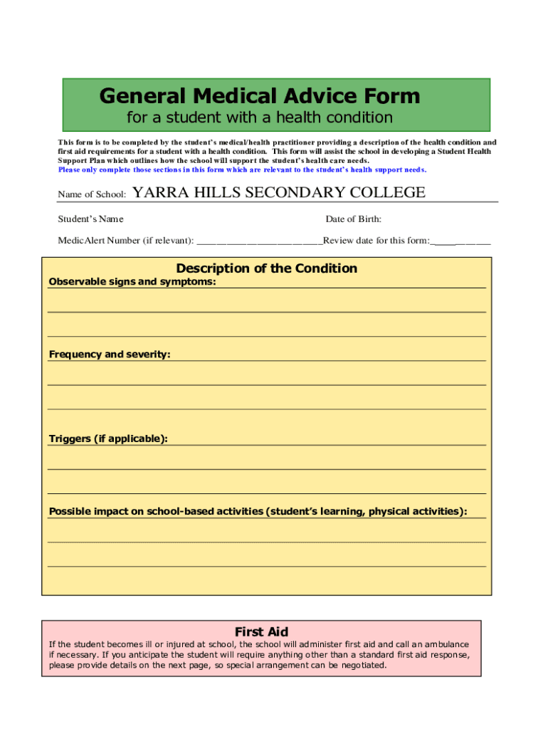 Fillable Online General Medical Advice Form: Students with a health ...