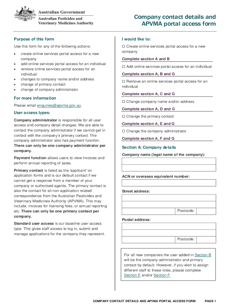 Fillable Online apvma gov Company contact details and APVMA portal ...