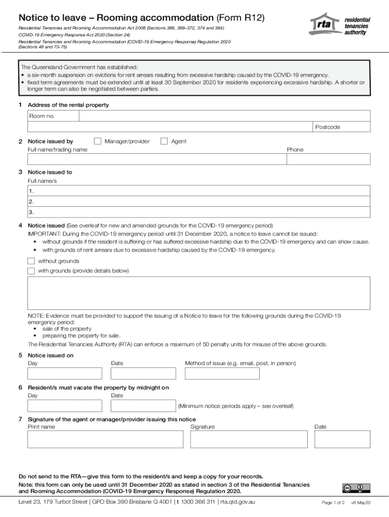 Fillable Online Ending a rooming accommodation agreement fact sheet ...Notice of intention to ...