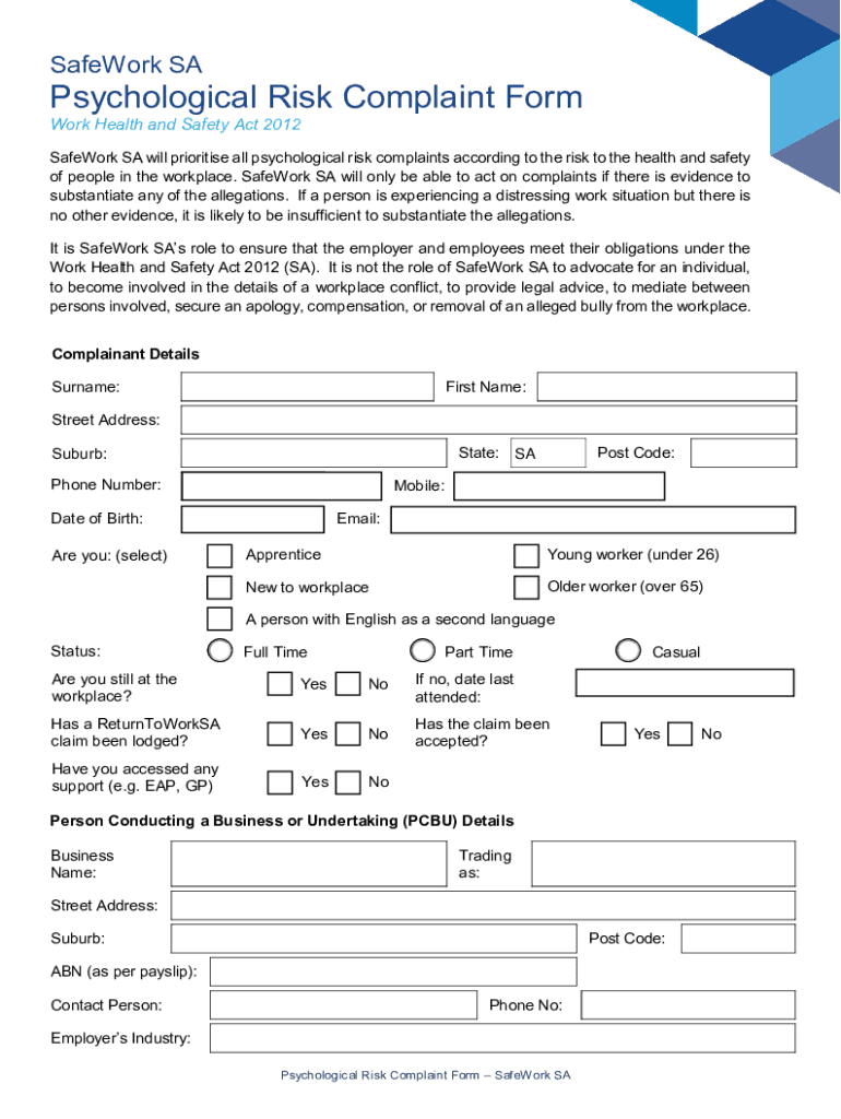 Fillable Online Work health and safety guidelines - SafeWork SASAMPLE ...
