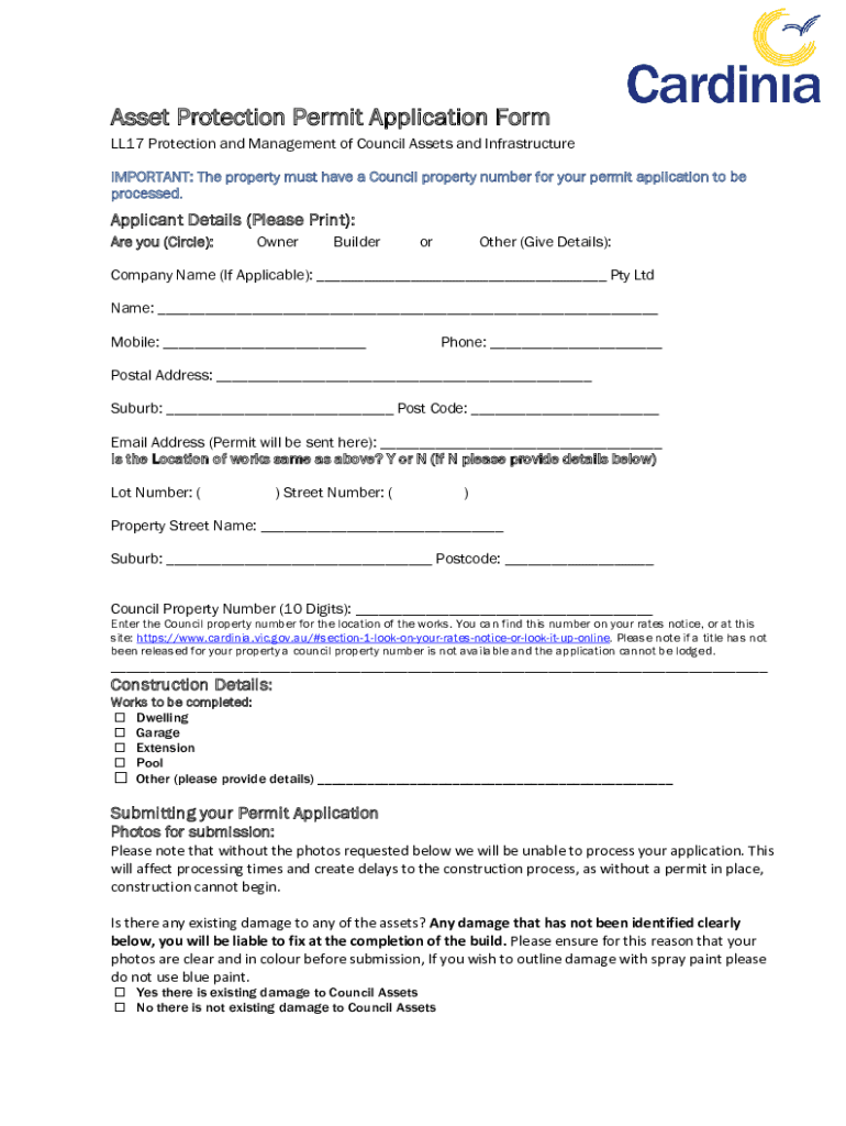 Fillable Online Asset Protection Permit Application Form - Cardinia ...