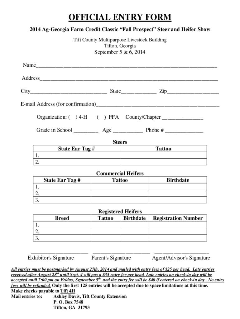 Fillable Online 2014 AgGeorgia Farm Credit Classic Steer & Heifer Show ...