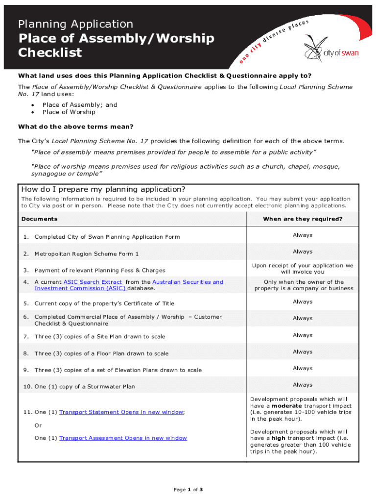 Fillable Online Planning Application Place of Assembly/Worship ...