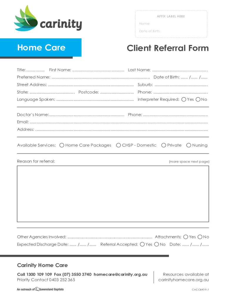 Fillable Online Home Care Client Referral Form - Home Care ServicesHome ...