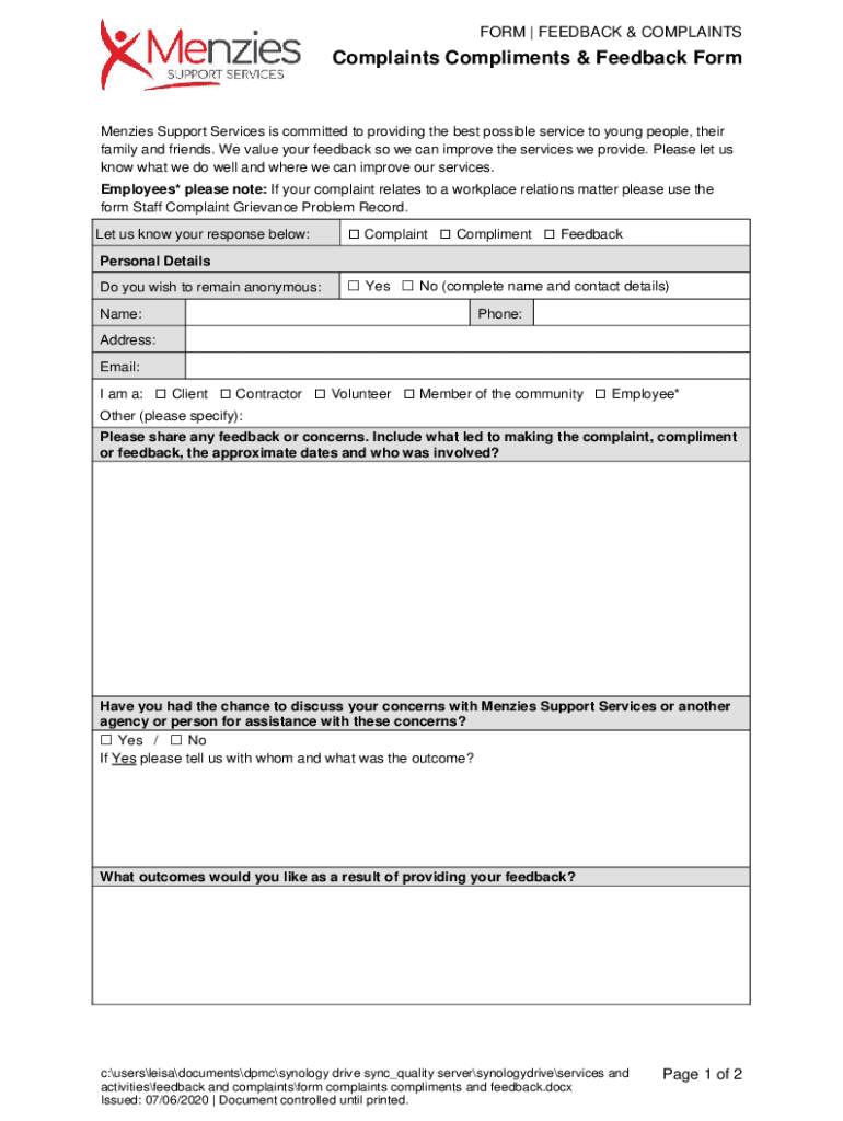 Fillable Online Form Complaints Compliments and Feedback.docx Fax Email ...