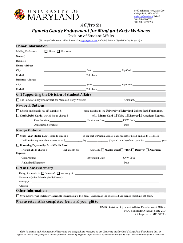 Fillable Online sagiving umd Pamela Gandy Endowment for Mind and Body ...