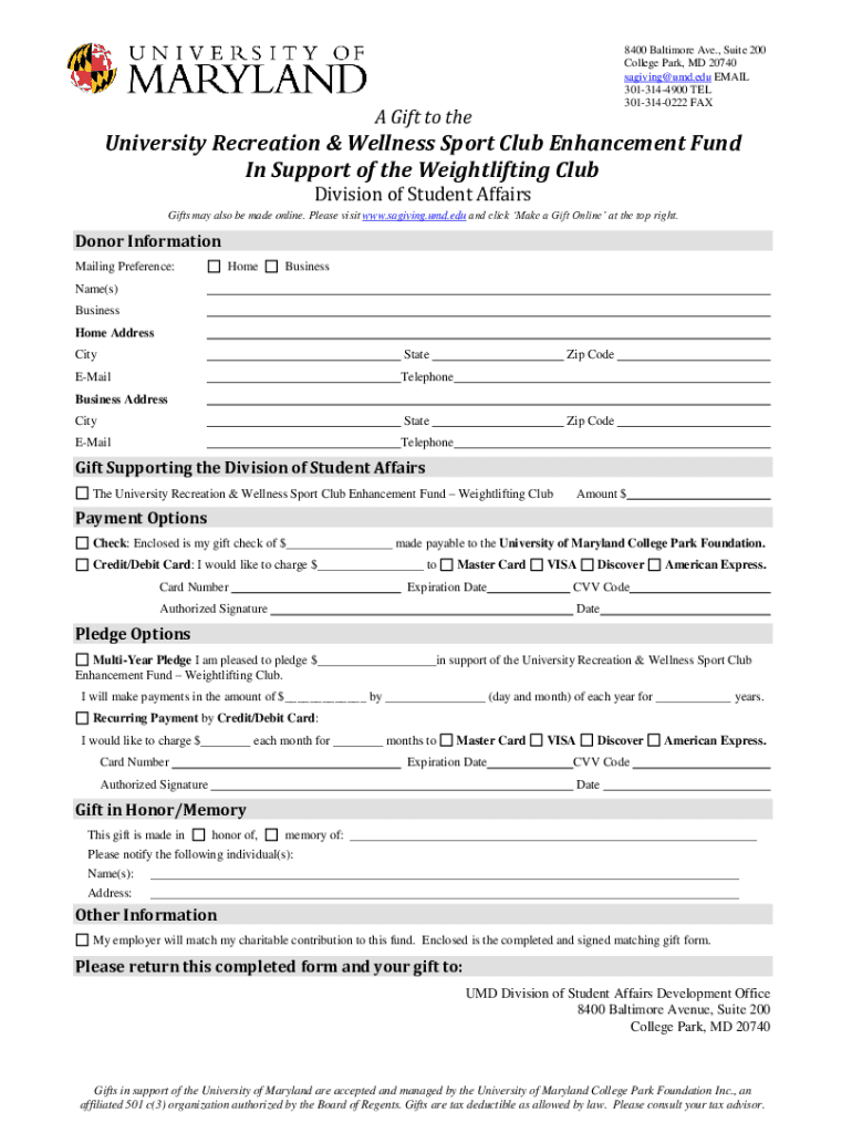 Fillable Online sagiving umd In Support of the Weightlifting Club Fax ...