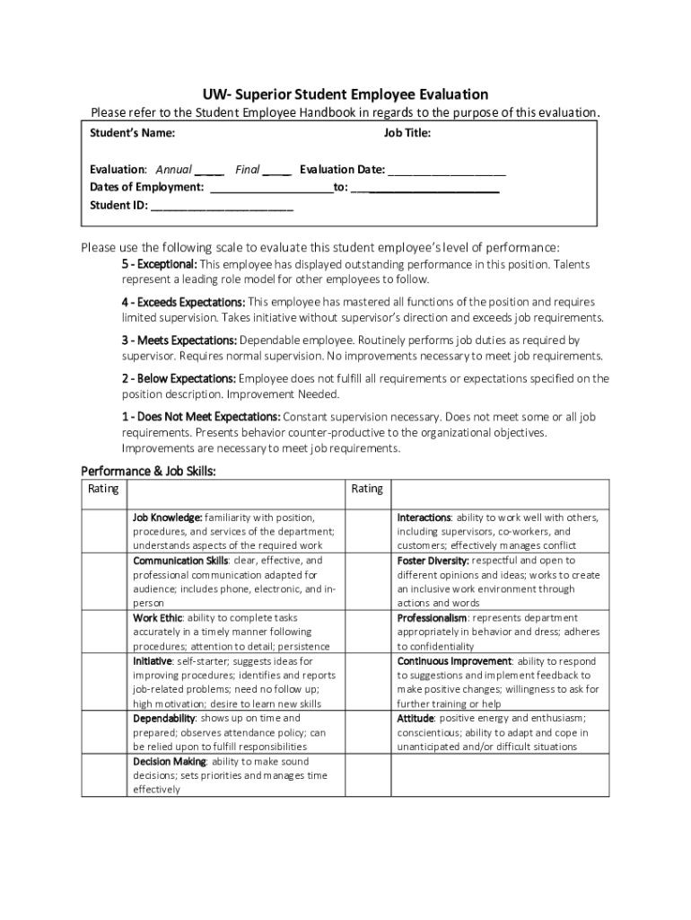 Fillable Online UW Superior Student Employee Evaluation Fax Email Print ...