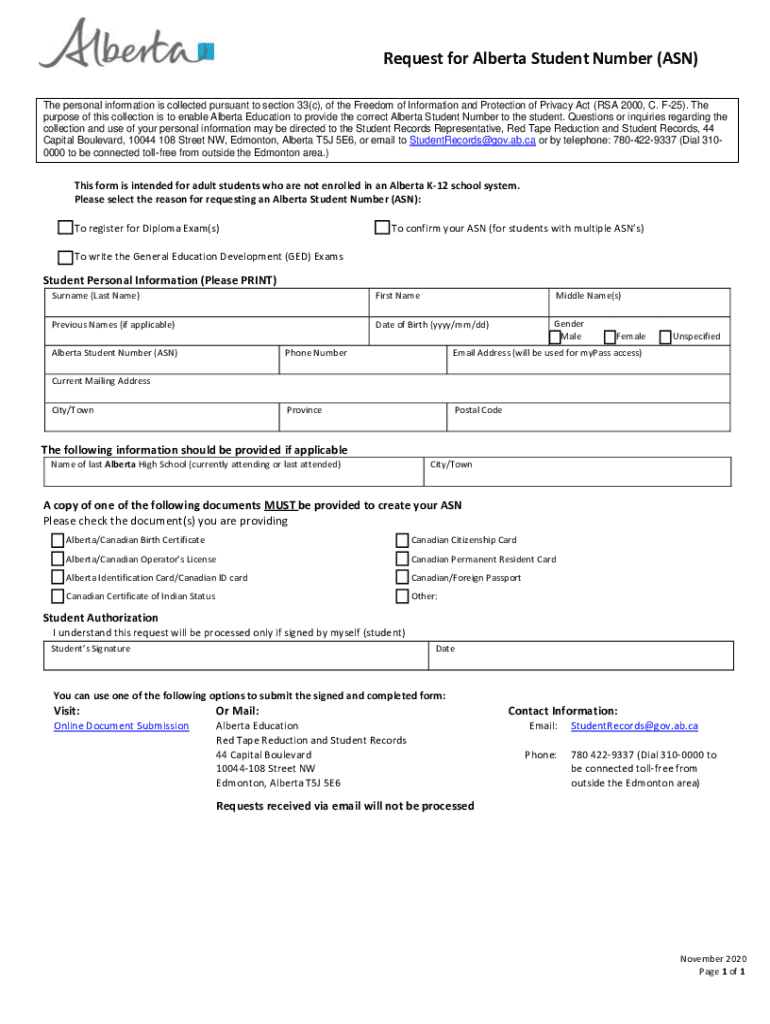 Fillable Online Request for Alberta Student Number (ASN). Request for ...
