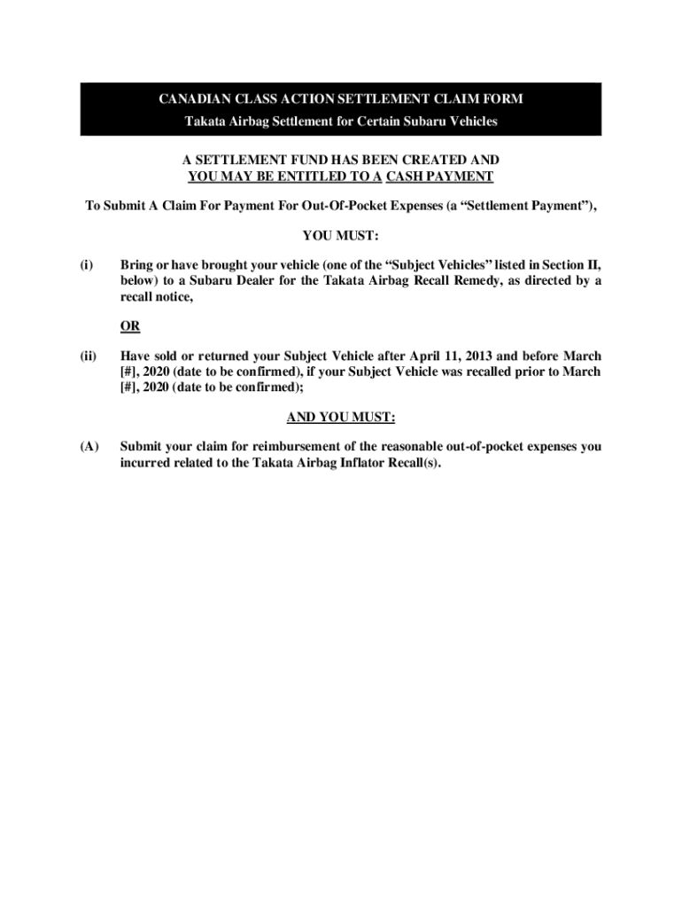 Fillable Online CANADIAN CLASS ACTION SETTLEMENT CLAIM FORM Takata ...