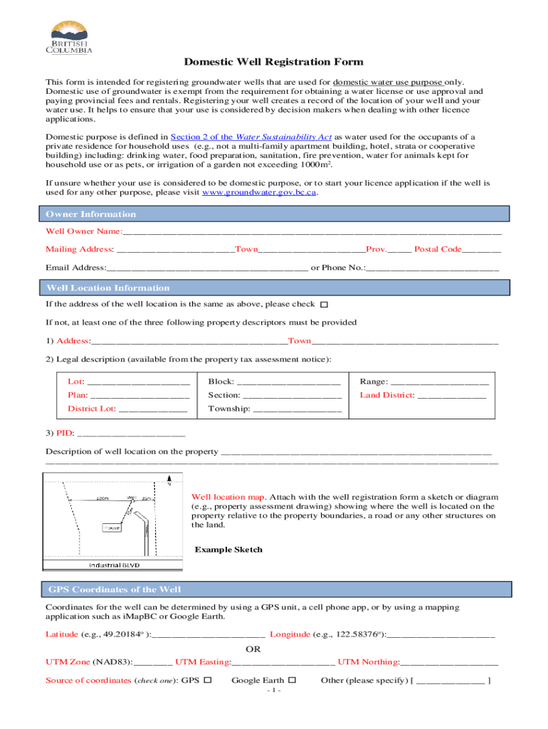 Fillable Online Well Registration Form - British ColumbiaWell ...