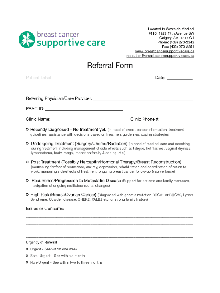 Fillable Online Referral Form - Breast Cancer Supportive Care Fax Email ...
