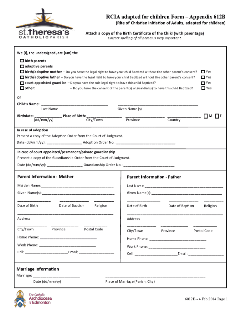 Fillable Online RCIA adapted for children Form Appendix 612B (Rite of ...