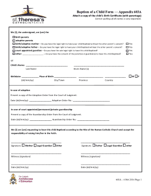Fillable Online Baptism Of A Child Form Appendix 603A - Caedm - Fill ...