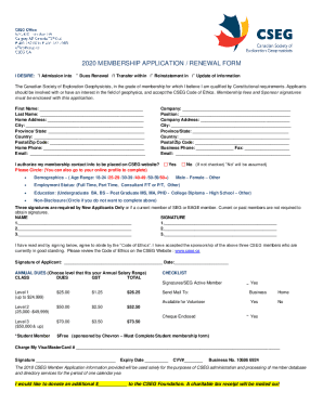 Fillable Online 2020 CSEG MEMBERSHIP APPLICATION / RENEWAL FORM Fax ...