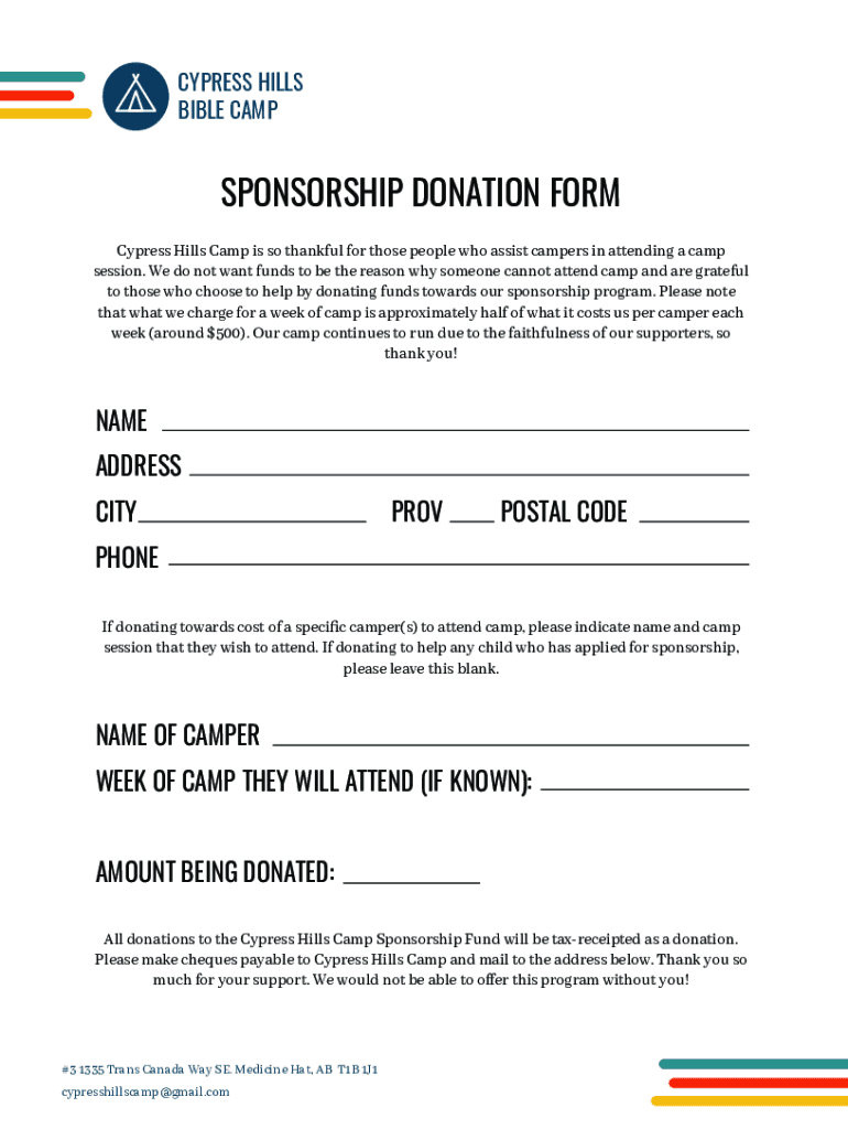 Fillable Online Sponsor a CamperCypress Hills Bible Camp Fax Email ...