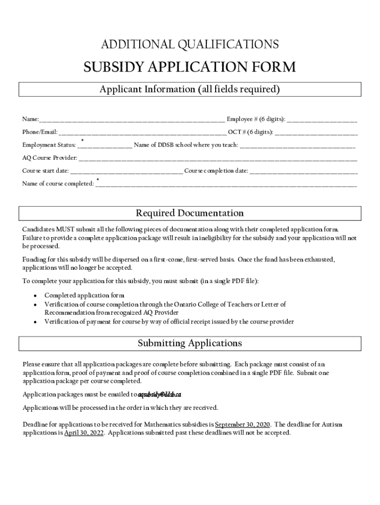 Fillable Online Subsidy Application Form - Durham District School Board Fax Email Print - pdfFiller