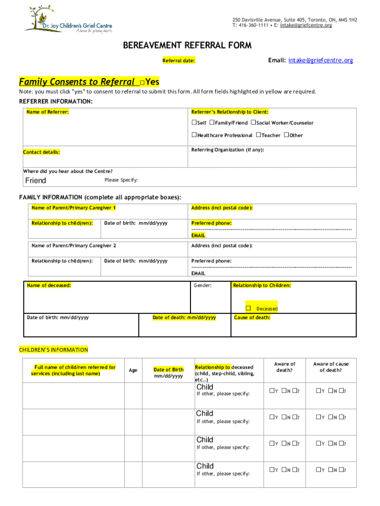 Fillable Online BEREAVEMENT REFERRAL FORM Fax Email Print - pdfFiller
