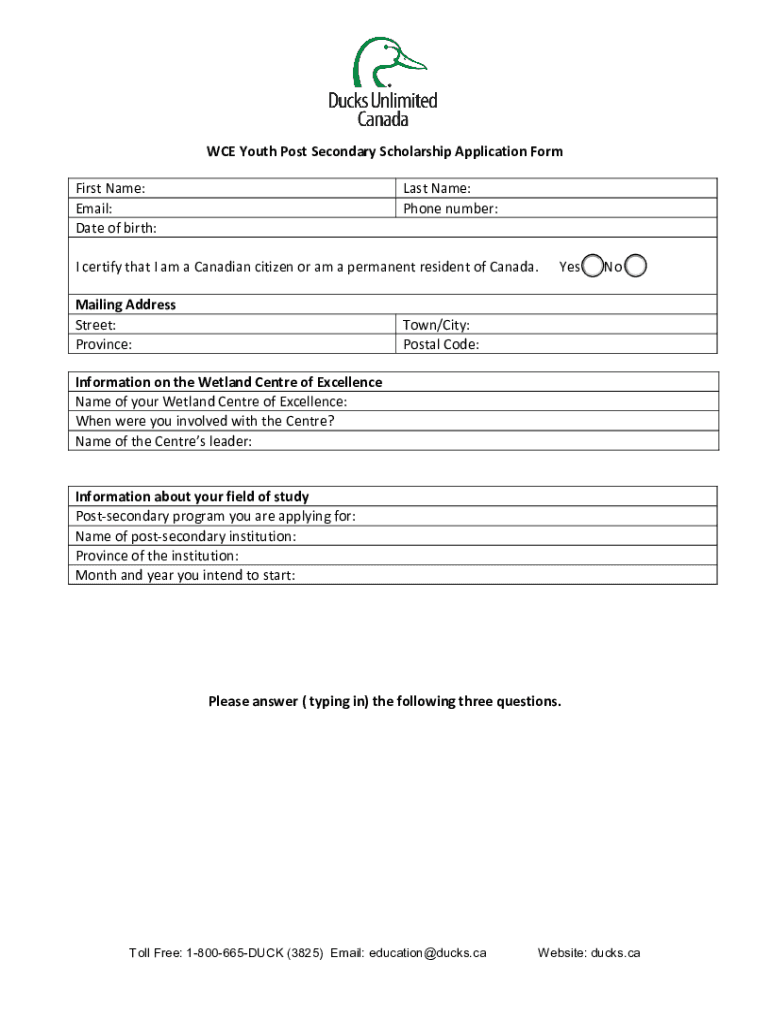 Fillable Online WCE Youth Post Secondary Scholarship Application Form Fax Email Print - pdfFiller