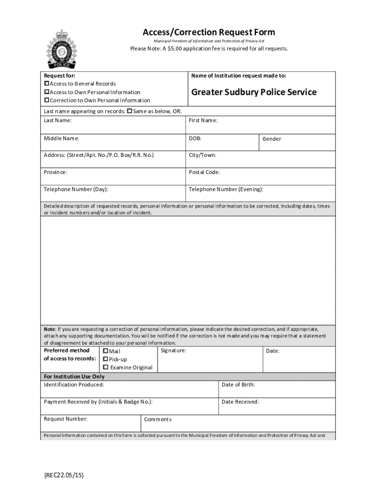 Fillable Online Access/Correction Request Form - Greater Sudbury Police ...