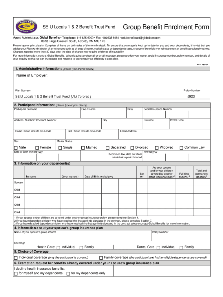 Fillable Online SEIU Locals 1 & 2 Benefit Trust ...