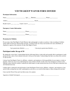 Fillable Online Youth Group Waiver Form 2019:2020 - HOME - LAKE PARK ...