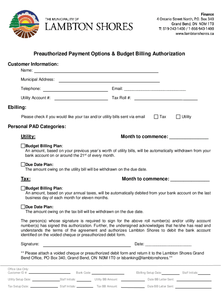 Fillable Online Preauthorized Payment Options & Budget Billing ...